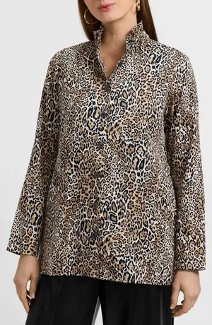 Foxcroft Carolina Leopard Print Cotton Sateen Button-up Shirt