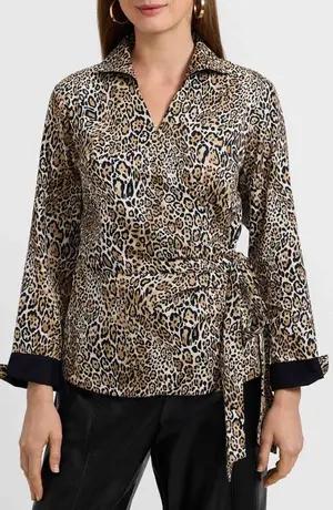 Foxcroft Salina Leopard Print Cotton Poplin Wrap Shirt - Brown Multi