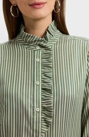 Foxcroft Sadie Stripe Ruffle Button-up Shirt