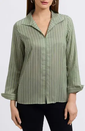 Foxcroft Agnes Stripe Three-quarter Sleeve Popover Top - Basil Multi