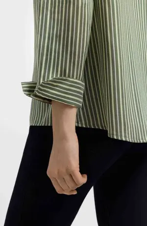 Foxcroft Agnes Stripe Three-quarter Sleeve Popover Top - Basil Multi