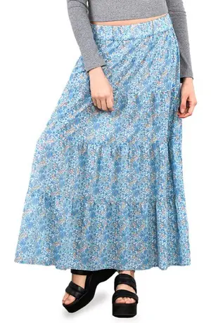BILLY T Floral Tiered Cotton Blend Maxi Skirt - Cool Bloom