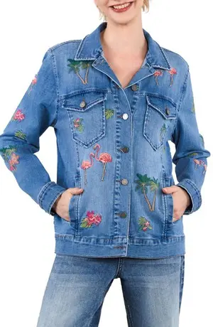 BILLY T Flamingo Embroidery Trucker Jacket - Denim