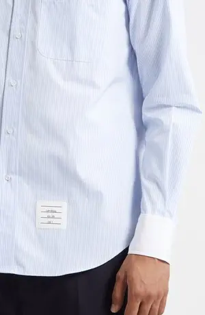 Thom Browne Micro University Stripe Straight Fit Cotton Poplin Button-down Shirt - Light Blue