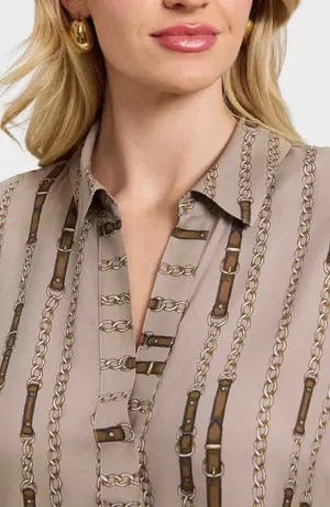 Foxcroft Chain Stripe Popover Top - Brown Multi