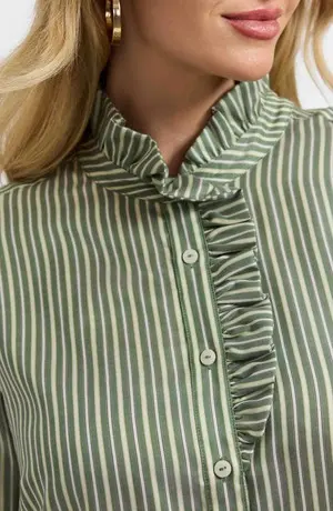 Foxcroft Sadie Stripe Ruffle Button-up Shirt