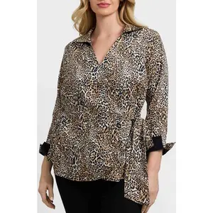 Foxcroft Salina Leopard Print Cotton Poplin Wrap Shirt - Brown Multi