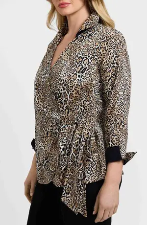 Foxcroft Salina Leopard Print Cotton Poplin Wrap Shirt - Brown Multi