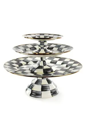MACKENZIE-CHILDS Courtly Check Set Of 3 Enameled Steel Pedestal Platters - Black/white
