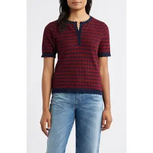 Wit & Wisdom Striped Pointelle Knit Top - Fired Brick/navy