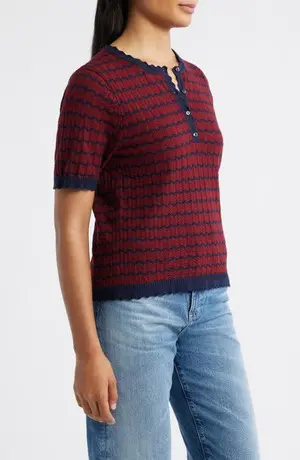 Wit & Wisdom Striped Pointelle Knit Top - Fired Brick/navy