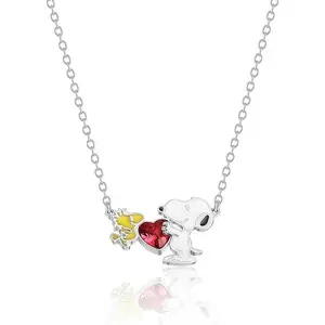 PEANUTS Snoopy And Woodstock Crystal Heart Pendant Necklace - Silver, White, Red