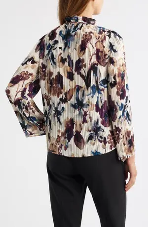 Anne Klein Floral Pleated Tie Neck Top