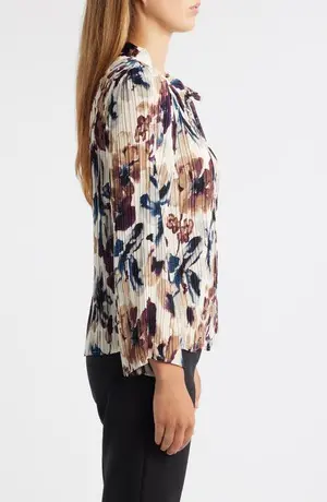 Anne Klein Floral Pleated Tie Neck Top