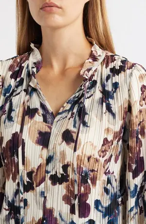 Anne Klein Floral Pleated Tie Neck Top