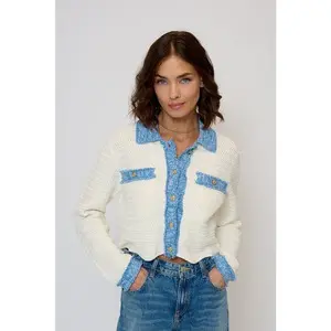 Central Park West Rose Scallop Edge Sweater - Denim/white