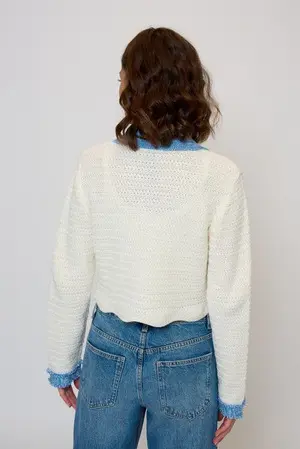 Central Park West Rose Scallop Edge Sweater - Denim/white