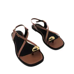 AMIE RAFA Laney Strappy Gold Toe Flat Sandals - Tan