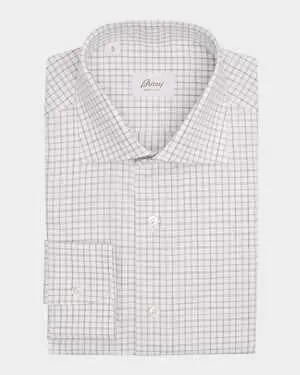 Brioni Cotton Grid Check Classic-fit Dress Shirt White Grey