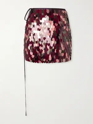 Dries Van Noten Sequined Chiffon Mini Wrap Skirt - Burgundy