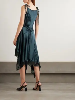 Acne Studios Belted Asymmetric Lace-trimmed Satin Midi Dress - Blue