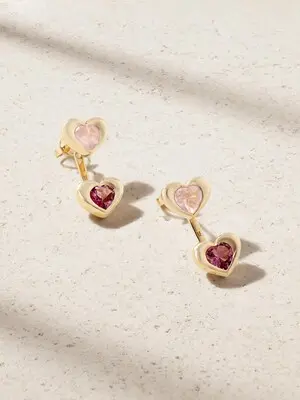 ROXANNE FIRST Two Of Hearts 14-karat Gold, Rose Quartz And Tourmaline Earrings - Pink