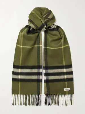 Burberry Fringed Checked Cashmere Scarf Forest Green