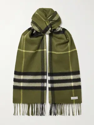 Burberry Fringed Checked Cashmere Scarf - Green