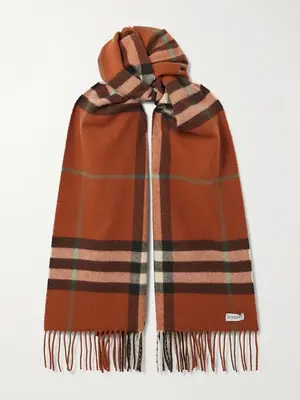Burberry Fringed Checked Cashmere Scarf Orange