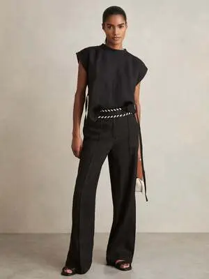REISS Fawn Linen Wide-leg Whipstitch Trousers - Black