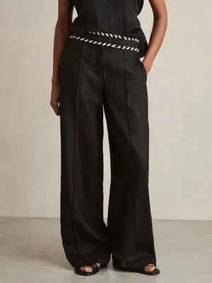 REISS Fawn Linen Wide-leg Whipstitch Trousers - Black
