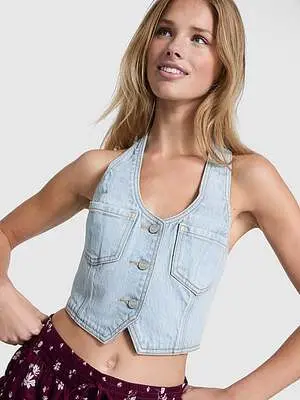 Pink Denim Halter Vest Top - Blue