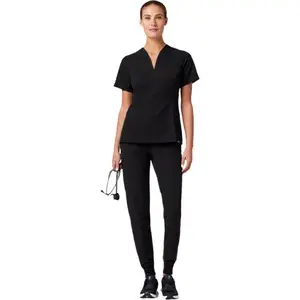 JAANUU Calix 2-Pocket V-Neck Scrub Top Black