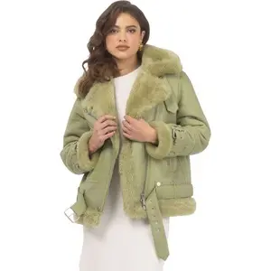Gorski Genuine Shearling Moto Zip Jacket - Light Green