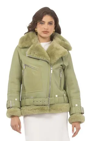 Gorski Genuine Shearling Moto Zip Jacket - Light Green