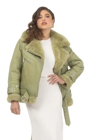 Gorski Genuine Shearling Moto Zip Jacket - Light Green