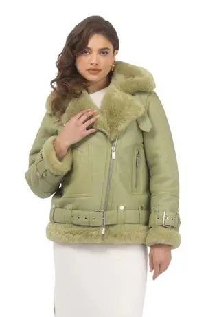Gorski Genuine Shearling Moto Zip Jacket - Light Green
