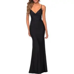 La Femme Long Jersey Dress With Draped V-neckline And Ruching - Black