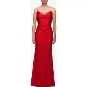 La Femme Long Jersey Dress With Draped V-neckline And Ruching - Red