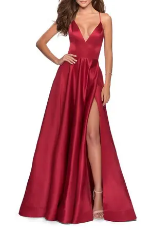 La Femme V-neck Satin Gown With Criss-cross Back - Deep Red
