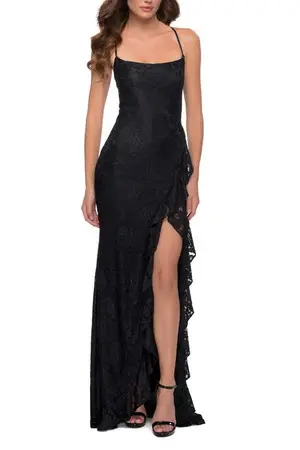 La Femme Stretch Lace Gown With Strappy Back And Slit - Black