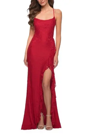 La Femme Stretch Lace Gown With Strappy Back And Slit - Red