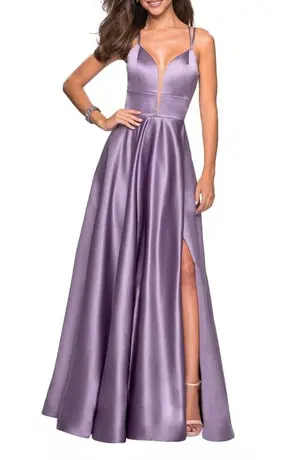 La Femme Long Satin Formal Gown With Leg Slit And Strappy Back - Lavender/gray