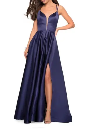 La Femme Long Satin Formal Gown With Leg Slit And Strappy Back - Navy