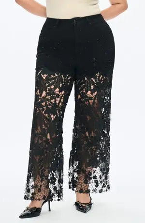 BAYEAS Crystal Embellished Lace Wide Leg Jeans - Black
