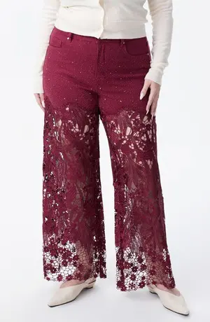 BAYEAS Crystal Embellished Lace Wide Leg Jeans - Wine