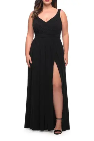 LABOMME Net Jersey Long Gown With Slit - Black