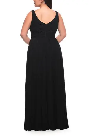 La Femme Net Jersey Long Gown With Slit - Black