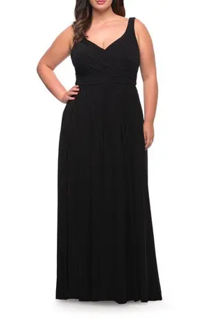 La Femme Net Jersey Long Gown With Slit - Black
