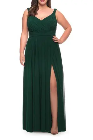 La Femme Net Jersey Long Gown With Slit - Emerald